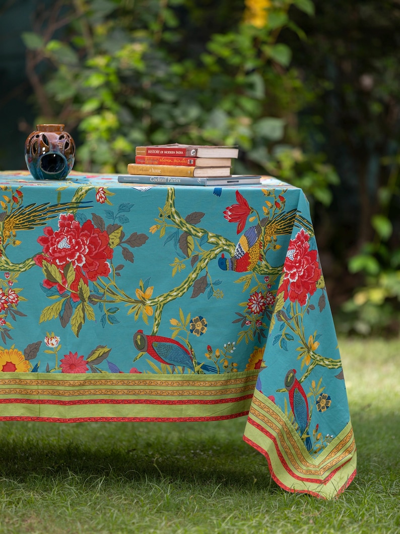 Bird Teal Tablecloth - Vibrant Floral & Bird Print, Eye-catching Teal ...