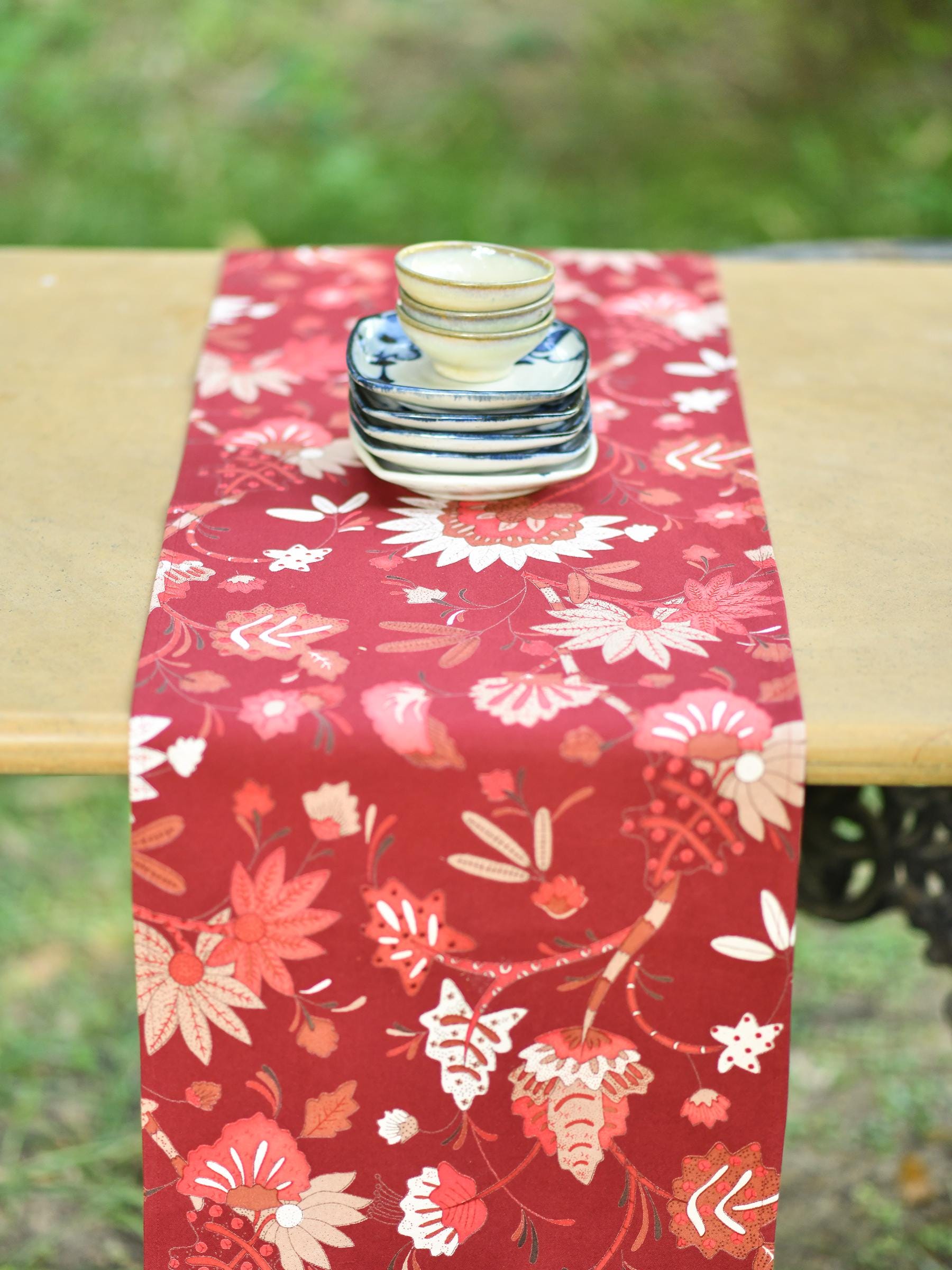 Cotton Tablecloth & Runner: Red Floral Print, Artisan Crafted - Etsy
