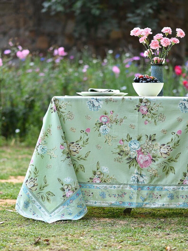 Handwoven Cotton Tablecloth: Mint Green Pastel Floral Print ...