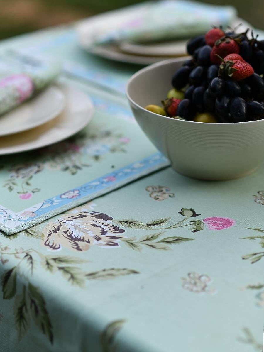 Handwoven Cotton Tablecloth: Mint Green Pastel Floral Print ...