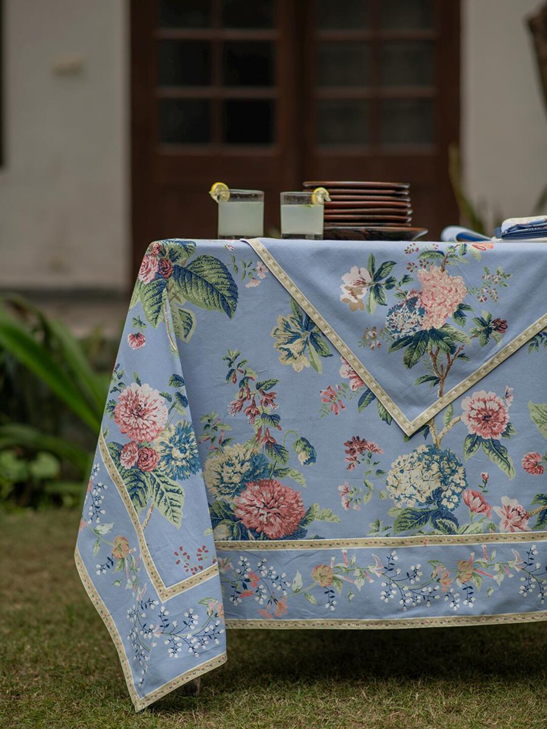Periwinkle Floral Tablecloth: Artisan Crafted Cotton Linen Home Decor ...