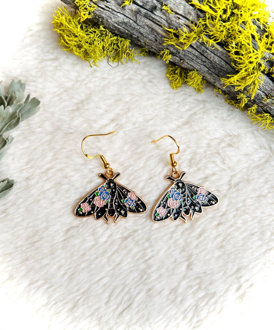 Black Moth Earrings, Mystical Fairy Moth Gothic Earrings, Cottagecore Fairycore Jewelry, Flower ...