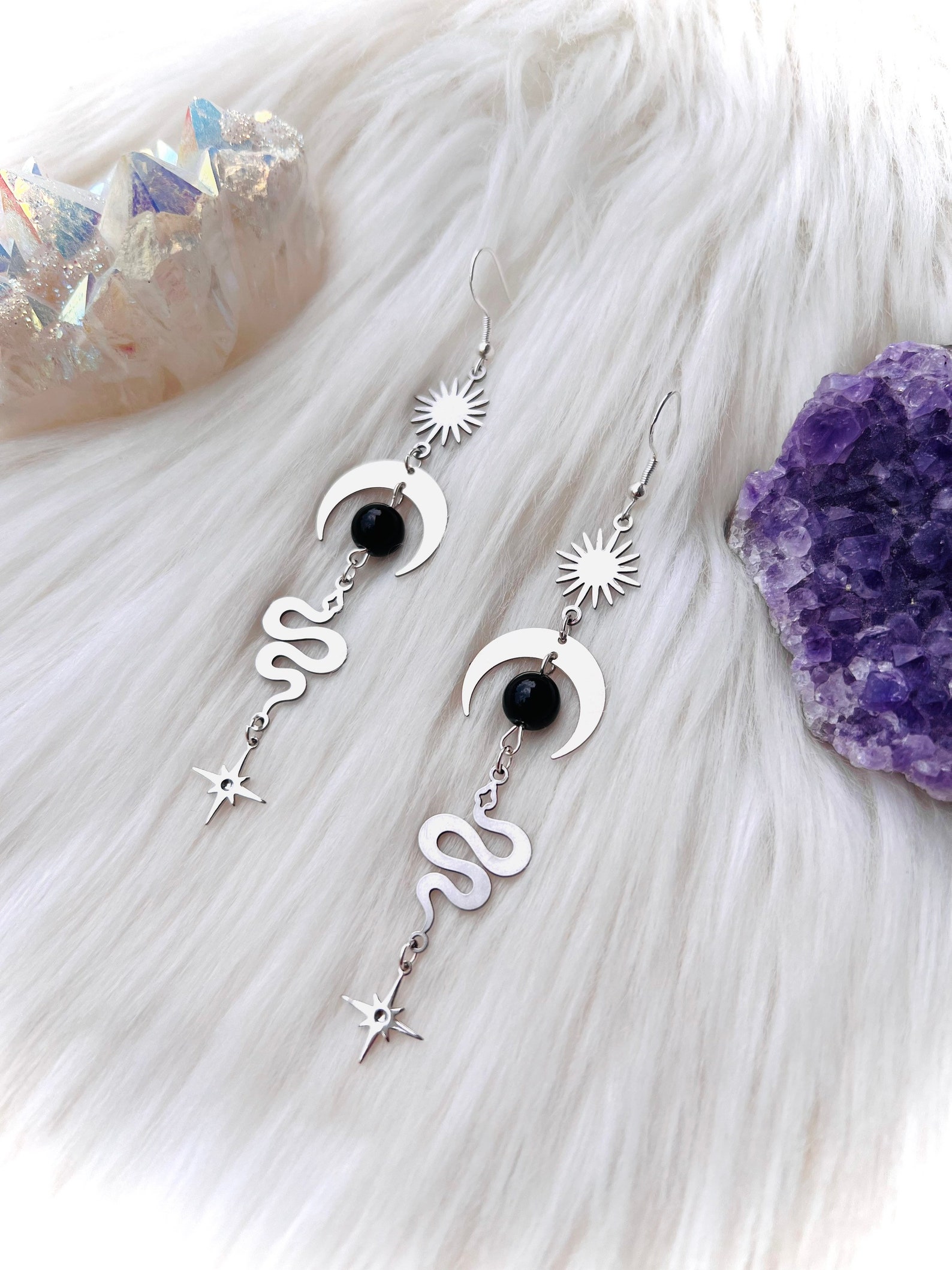 Silver Snake Moon Earrings for Anxiety Relief, Black Earrings, Goth ...