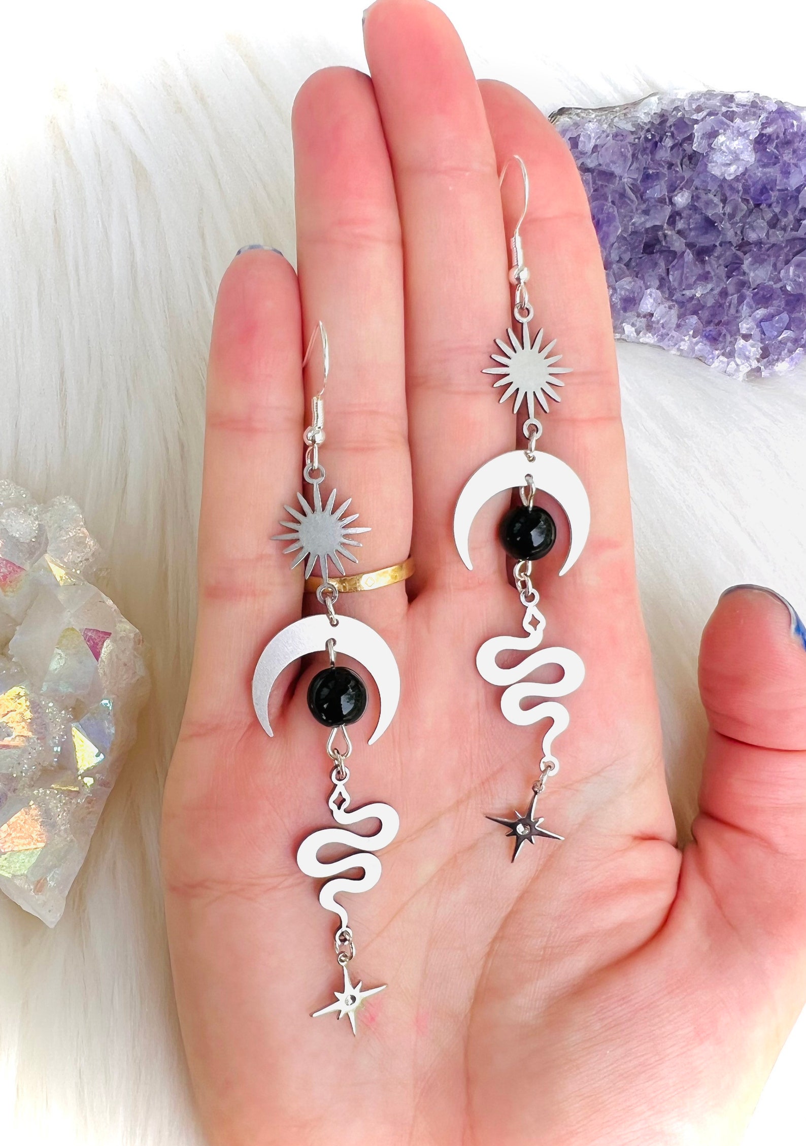 Silver Snake Moon Earrings for Anxiety Relief, Black Earrings, Goth ...
