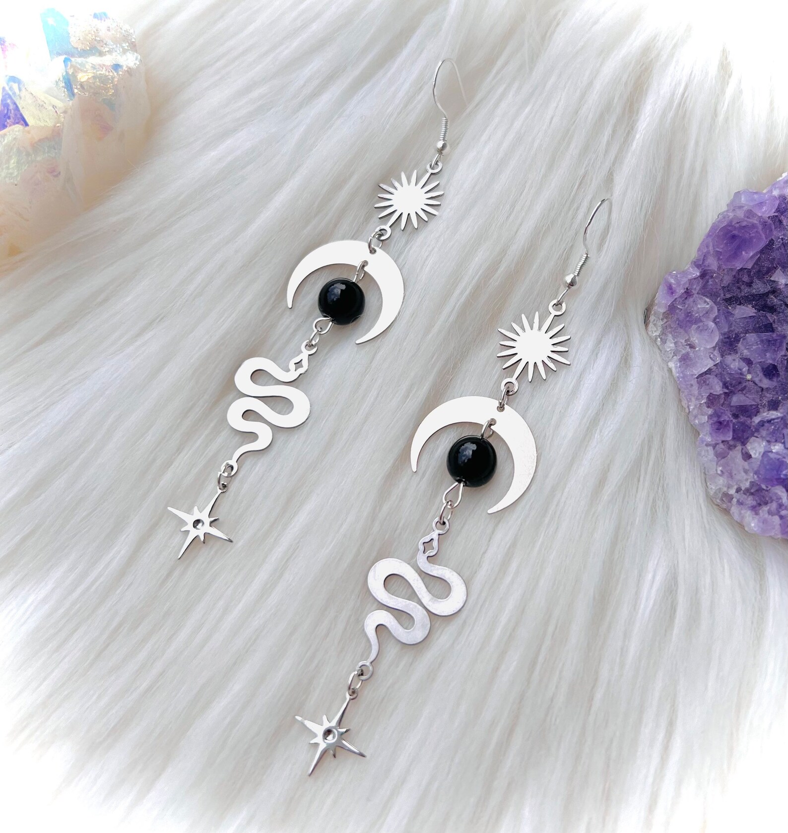 Silver Snake Moon Earrings for Anxiety Relief, Black Earrings, Goth ...