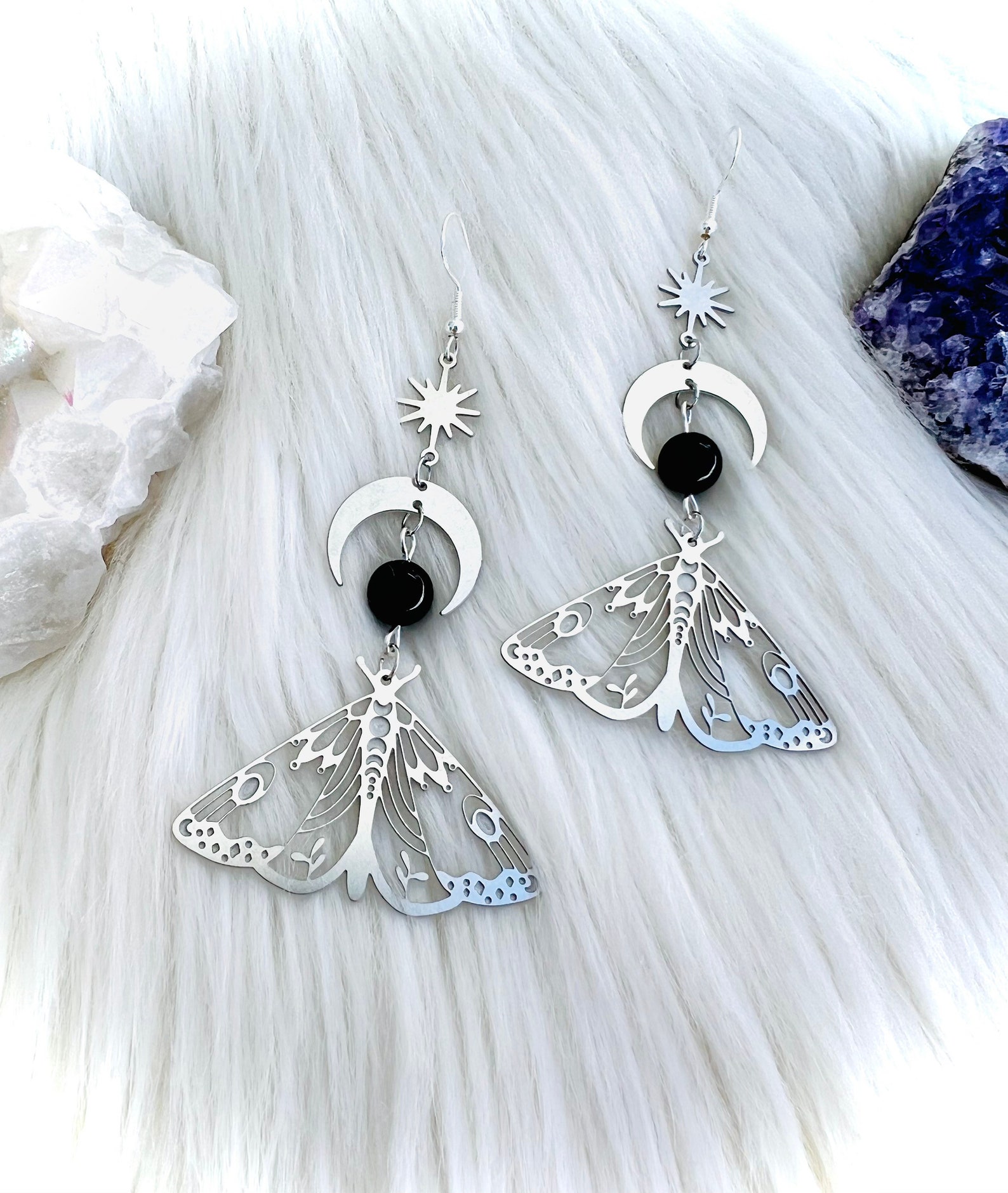 Silver Luna Moth Moon Phases ANXIETY RELIEF Dangle Earrings, Tourmaline ...