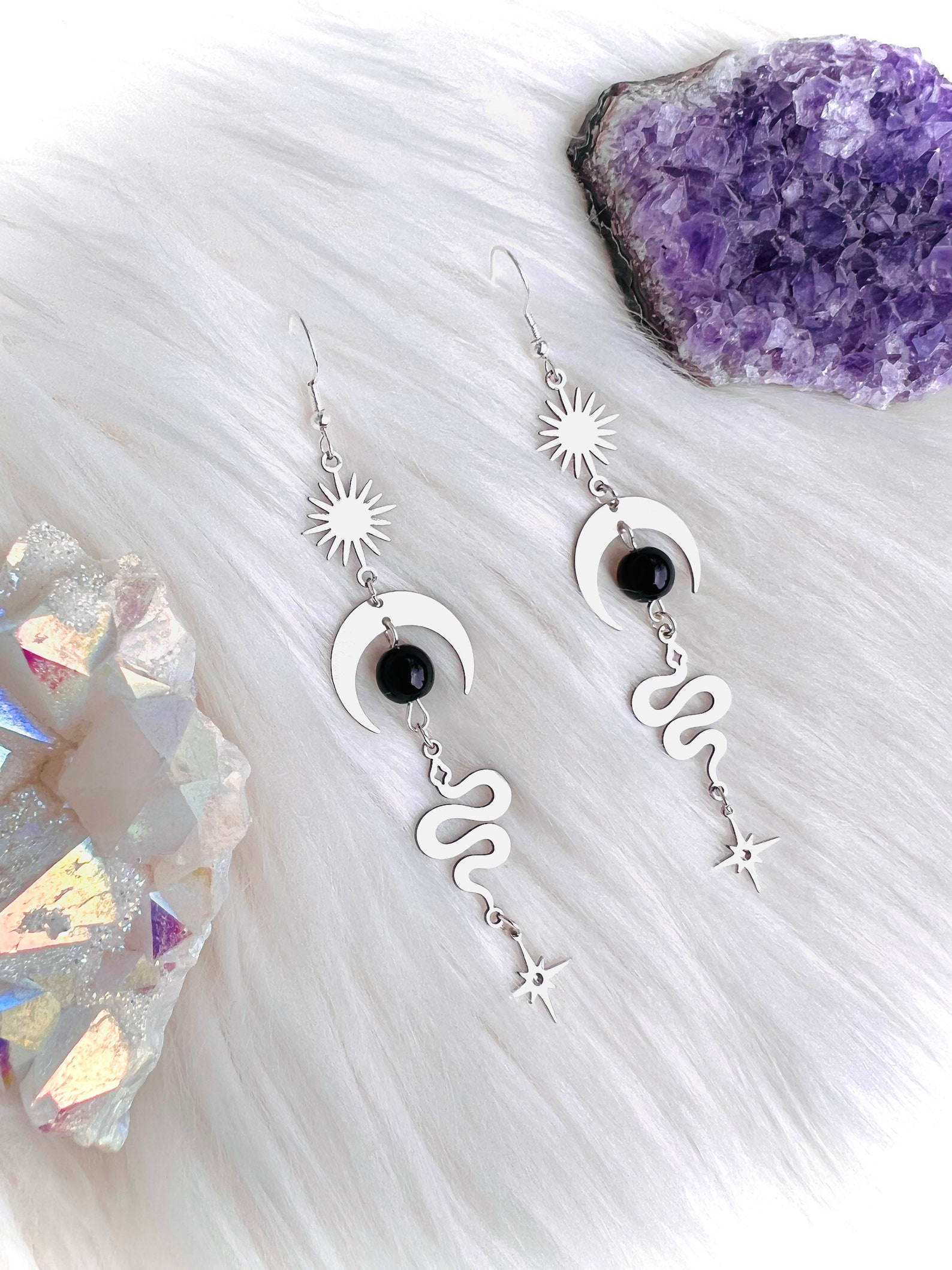 Silver Snake Moon Earrings for Anxiety Relief, Black Earrings, Goth ...