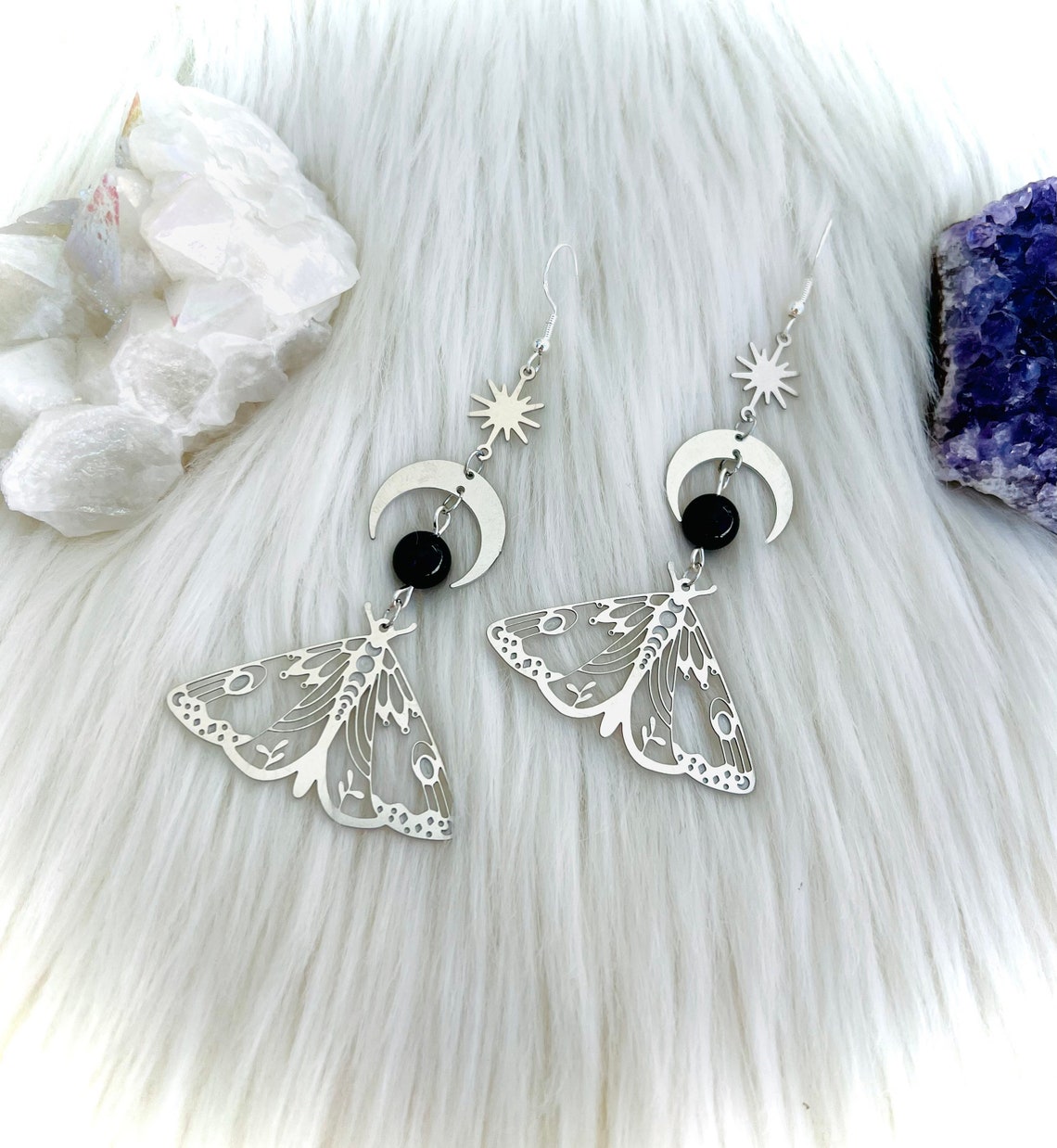 Silver Luna Moth Moon Phases ANXIETY RELIEF Dangle Earrings, Tourmaline ...