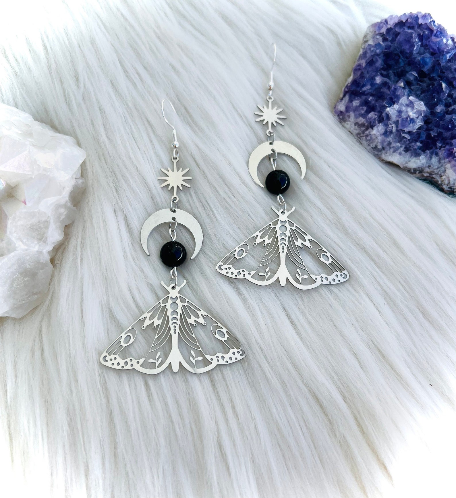 Silver Luna Moth Moon Phases ANXIETY RELIEF Dangle Earrings, Tourmaline ...