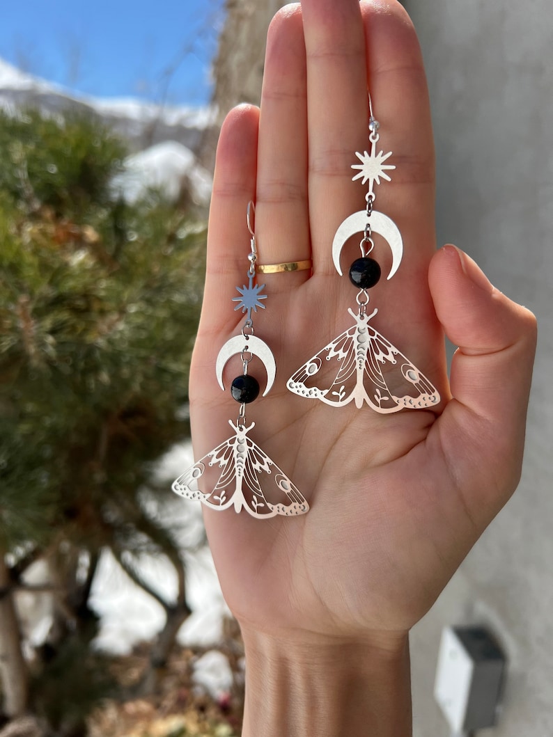 Silver Luna Moth Moon Phases ANXIETY RELIEF Dangle Earrings, Tourmaline ...