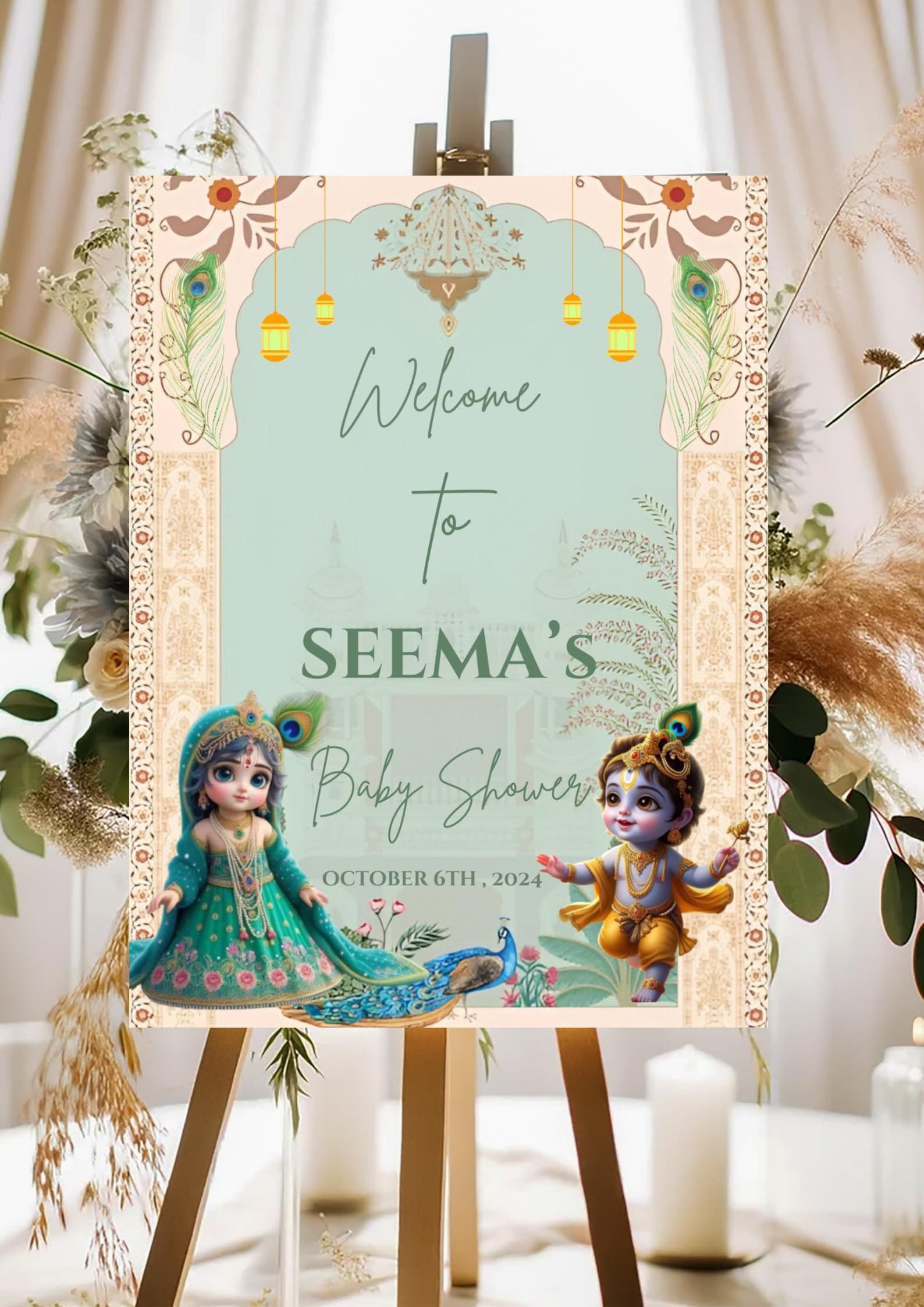 Indian Baby Shower Welcome Sign, Baby Krishna Baby Radha Welcome Banner ...