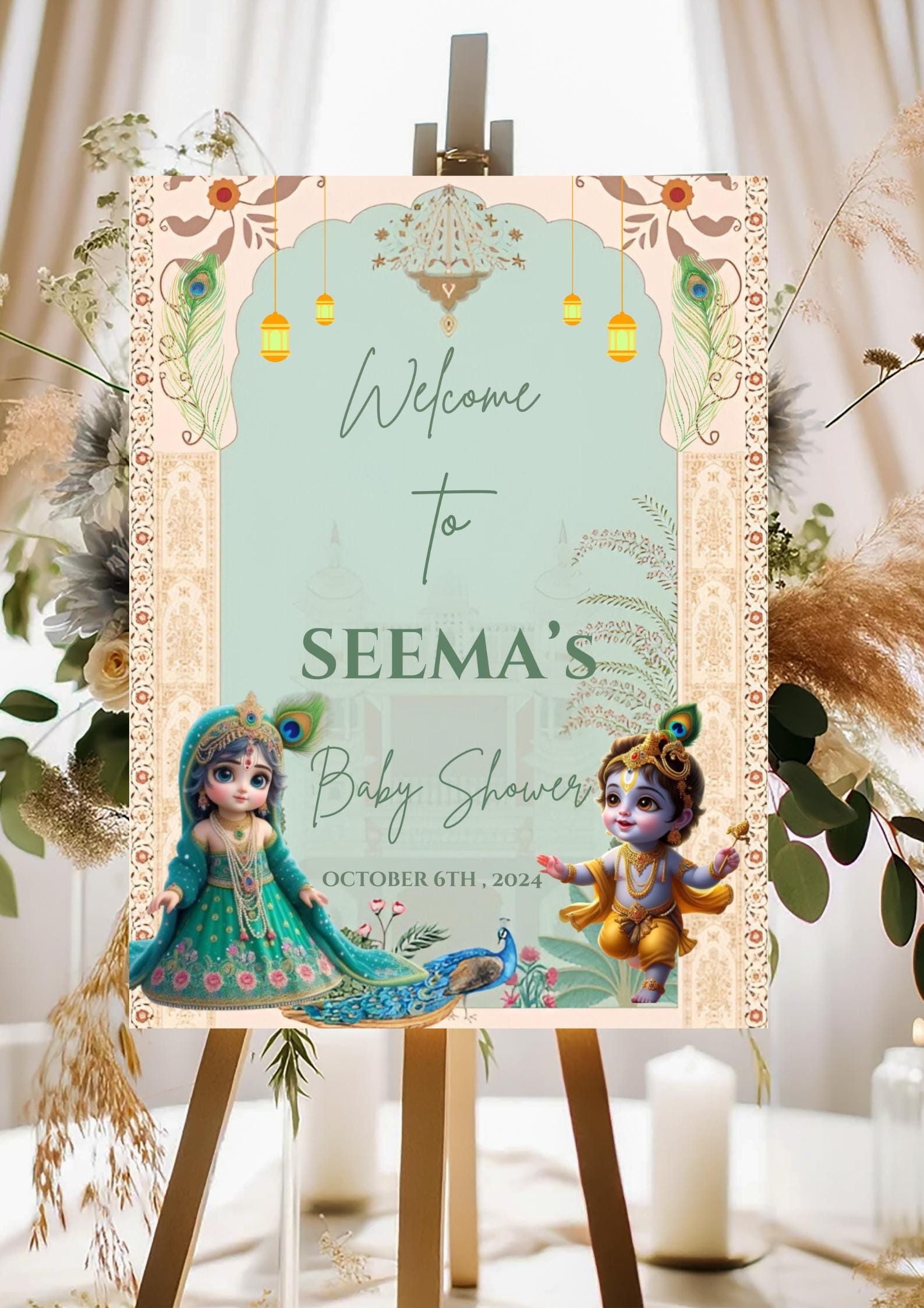 Indian Baby Shower Welcome Sign, Baby Krishna Baby Radha Welcome Banner ...