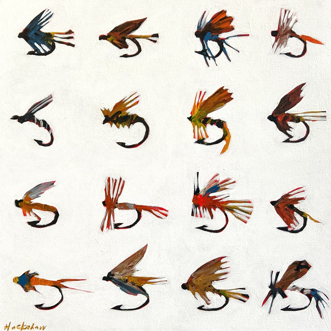 Original Painting - 16 Fly Fishing Flies - Acrylic on 20" X 20" Canvas ...