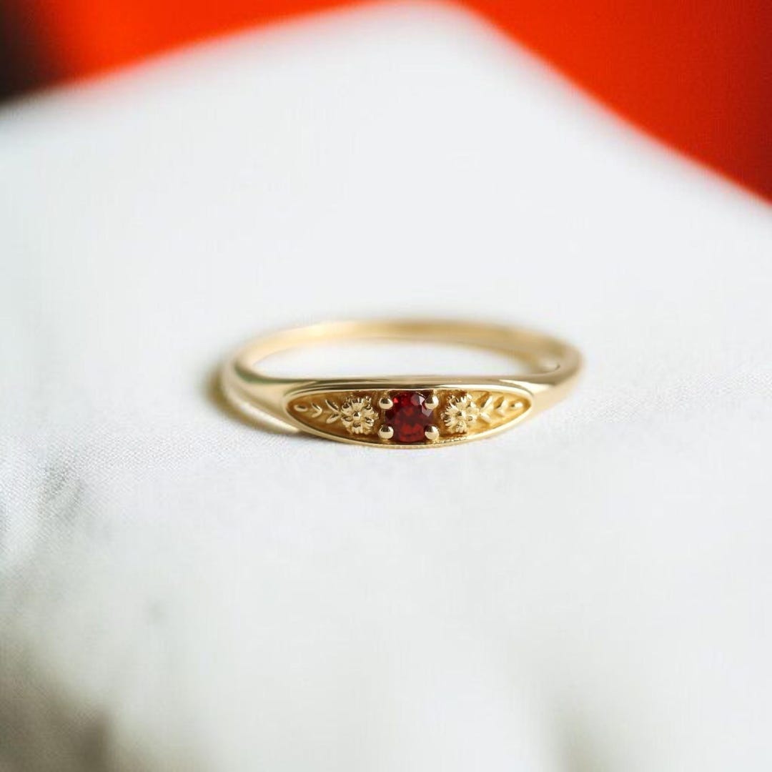 Red Garnet Birth Flower Minimalist Ring, Personalized Dainty Promise ...