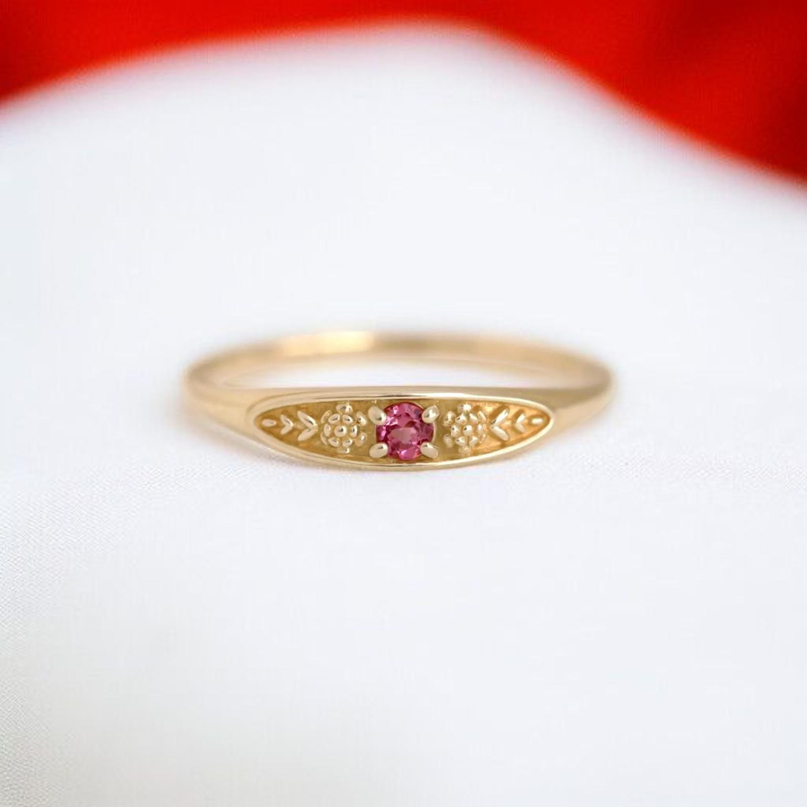 Pink Ruby Birth Flower Minimalist Ring, Personalized Dainty Promise ...