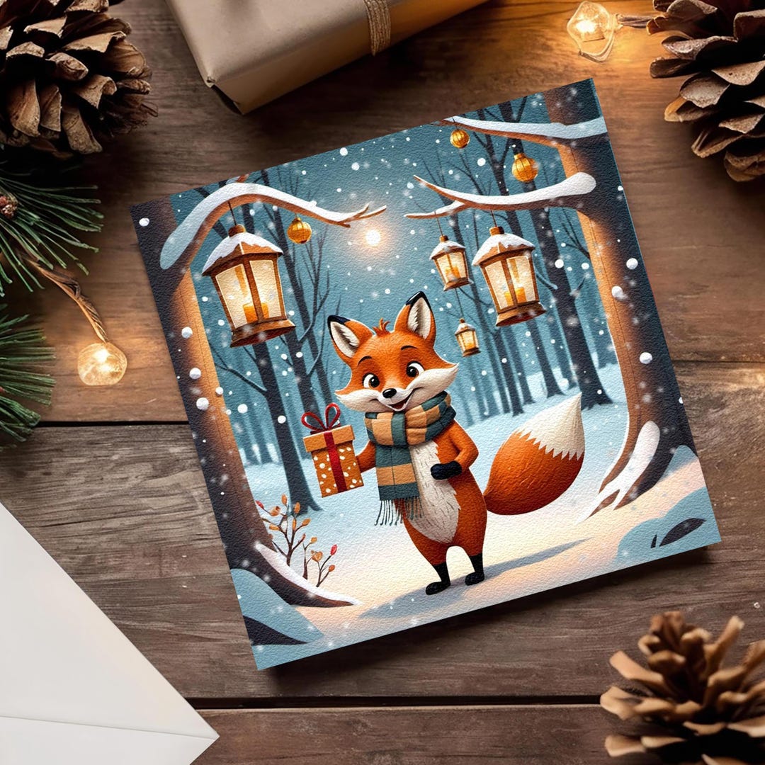 Winter Fox and the Lanterns Illustrated Square Christmas Holiday Card ...