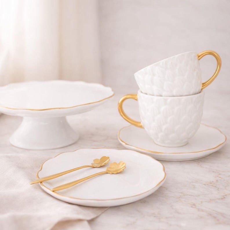 Handcrafted Ceramic Tea Cup Set: Gold Accent Tea Cups, Saucers & Cake ...