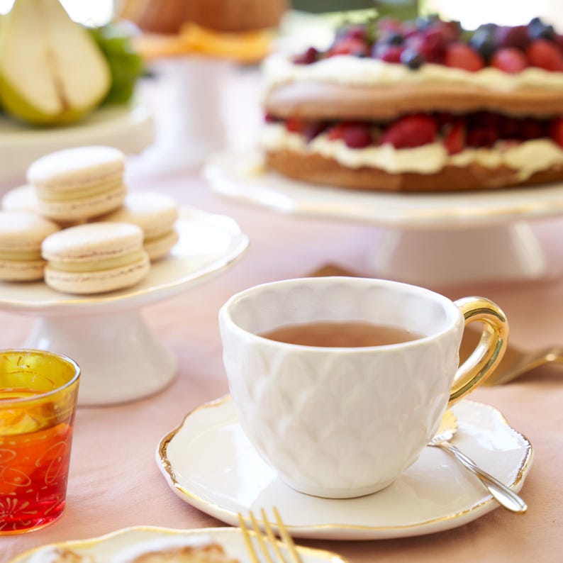 Handcrafted Ceramic Tea Cup Set: Gold Accent Tea Cups, Saucers & Cake ...