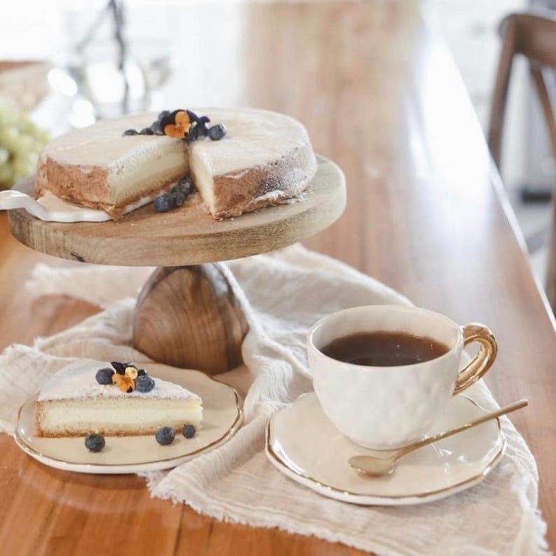 Handcrafted Ceramic Tea Cup Set: Gold Accent Tea Cups, Saucers & Cake ...