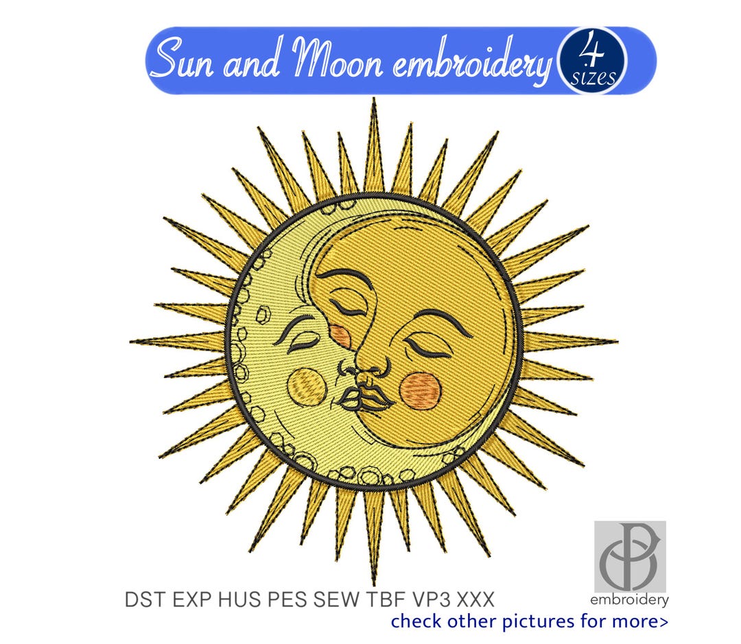 Sun and Moon Embroidery Design –sun and Moon Kiss, Celestial Art ...
