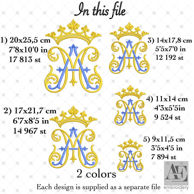 Mary Monogram Embroidery Design, Gold Crown, Christian Catholic ...