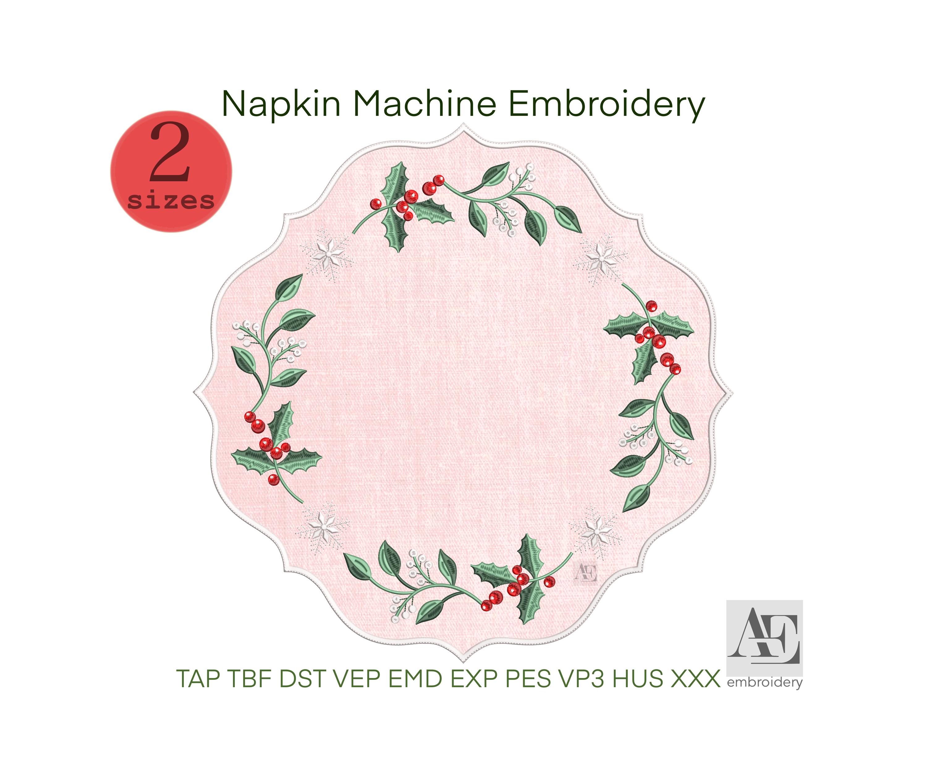 Festive Napkin Embroidery Design, Holly Berries & Snowflakes, Christmas ...