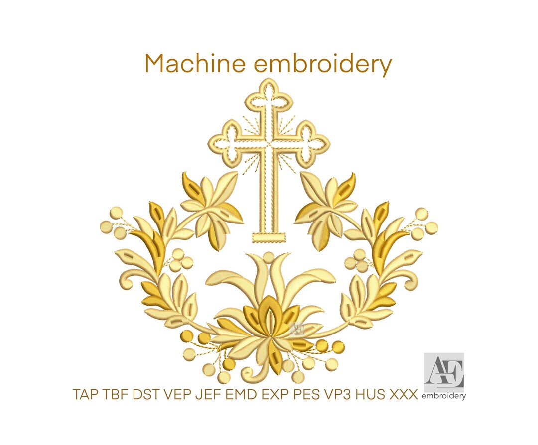 Religious Embroidery Cross Design – Gold Floral Christian Symbol ...
