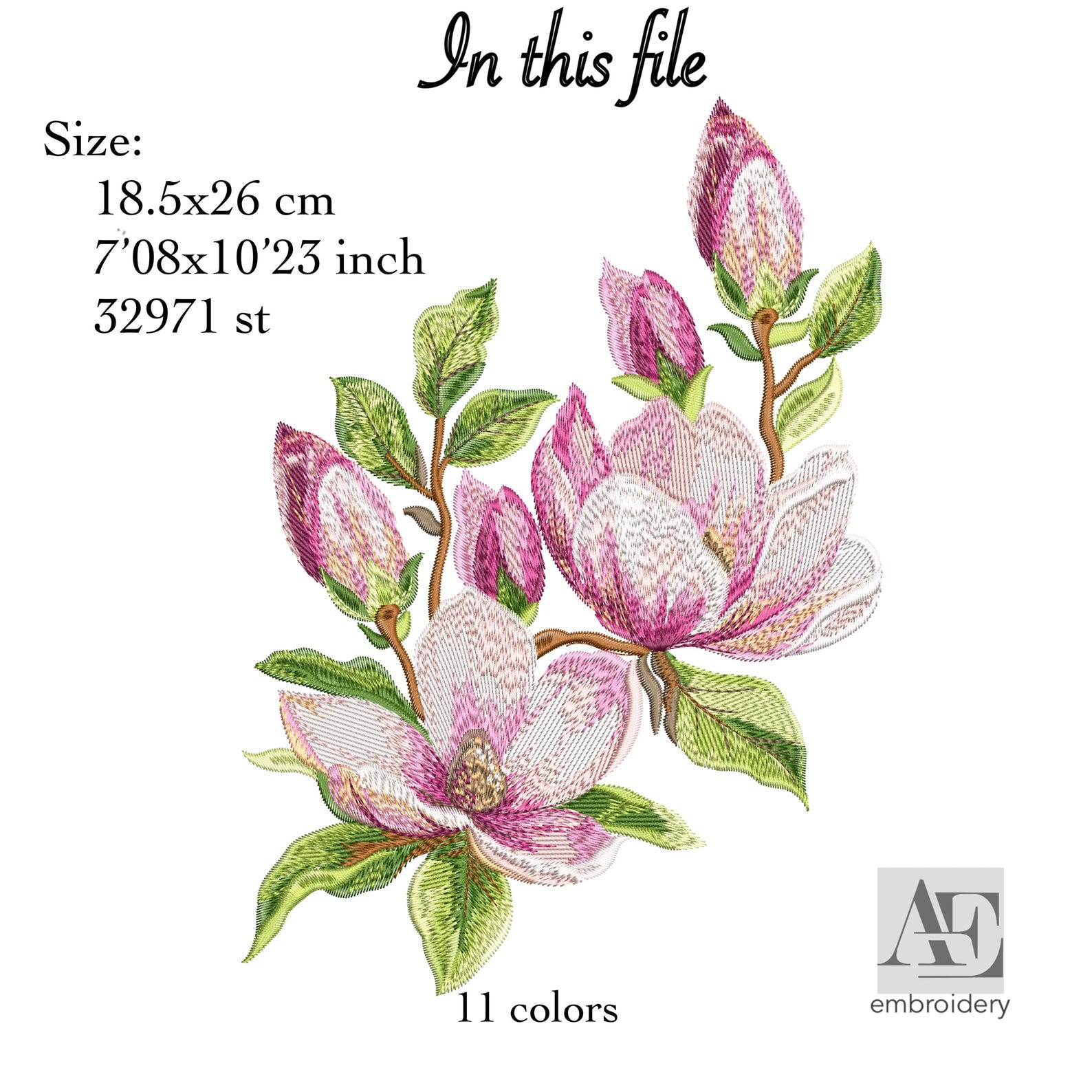 Magnolia Flower Machine Embroidery Design - Floral Embroidery Pattern - Spring Bloom Embroidery ...