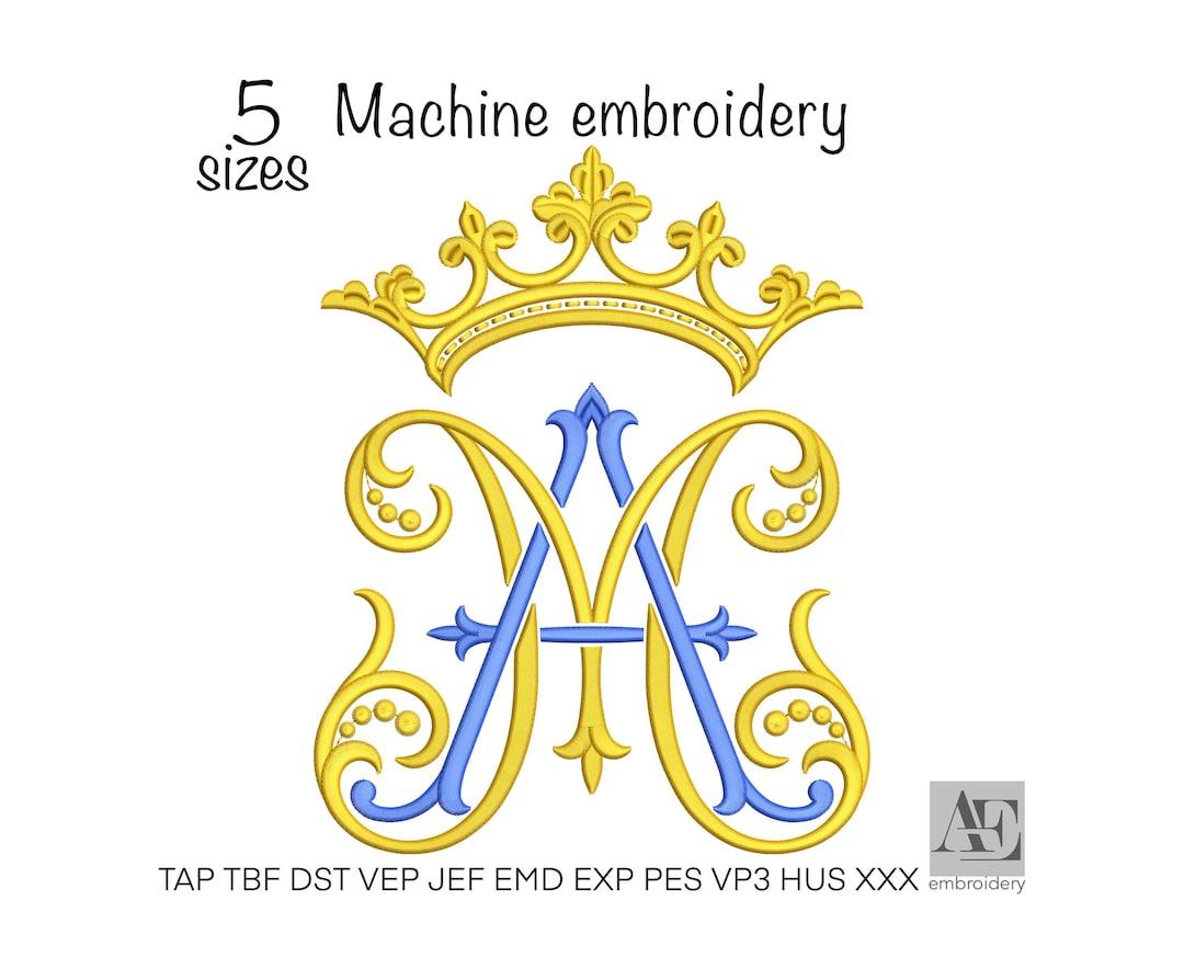 Mary Monogram Embroidery Design, Gold Crown, Christian Catholic ...