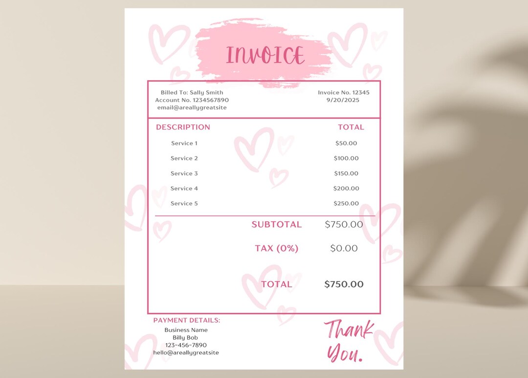 Pink Hearts Invoice Template for Small Business, Editable Small ...
