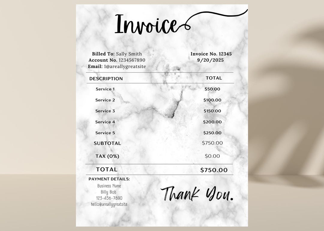 Minimalist Invoice Template for Small Business, White Marble Invoice ...