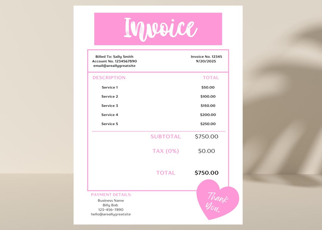 Pink Invoice Form, Easy to Edit, Small Business Form, DIY, Invoice ...
