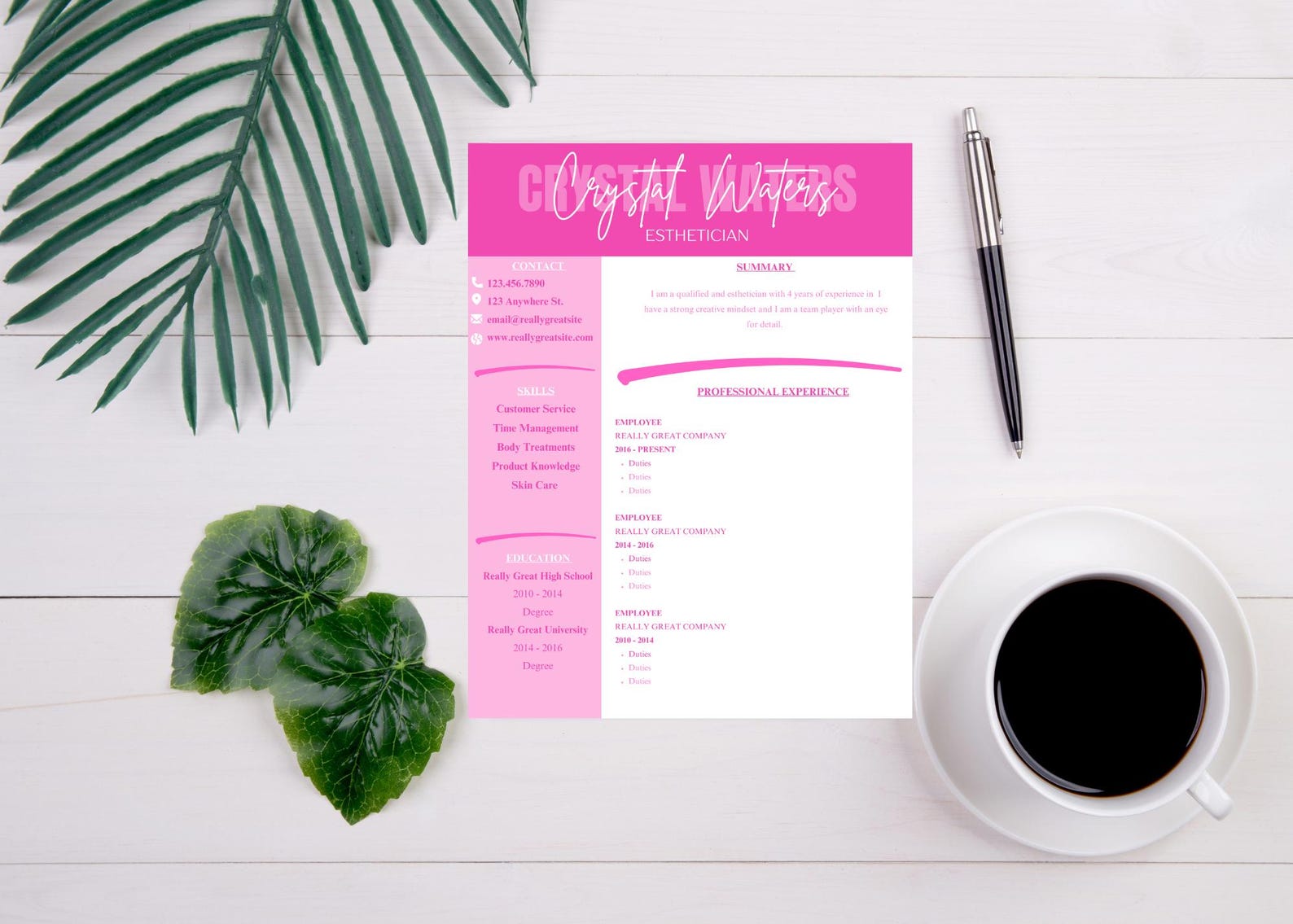 Pink Resume Template Canva 1 Page |pink Professional Resume Canva ...
