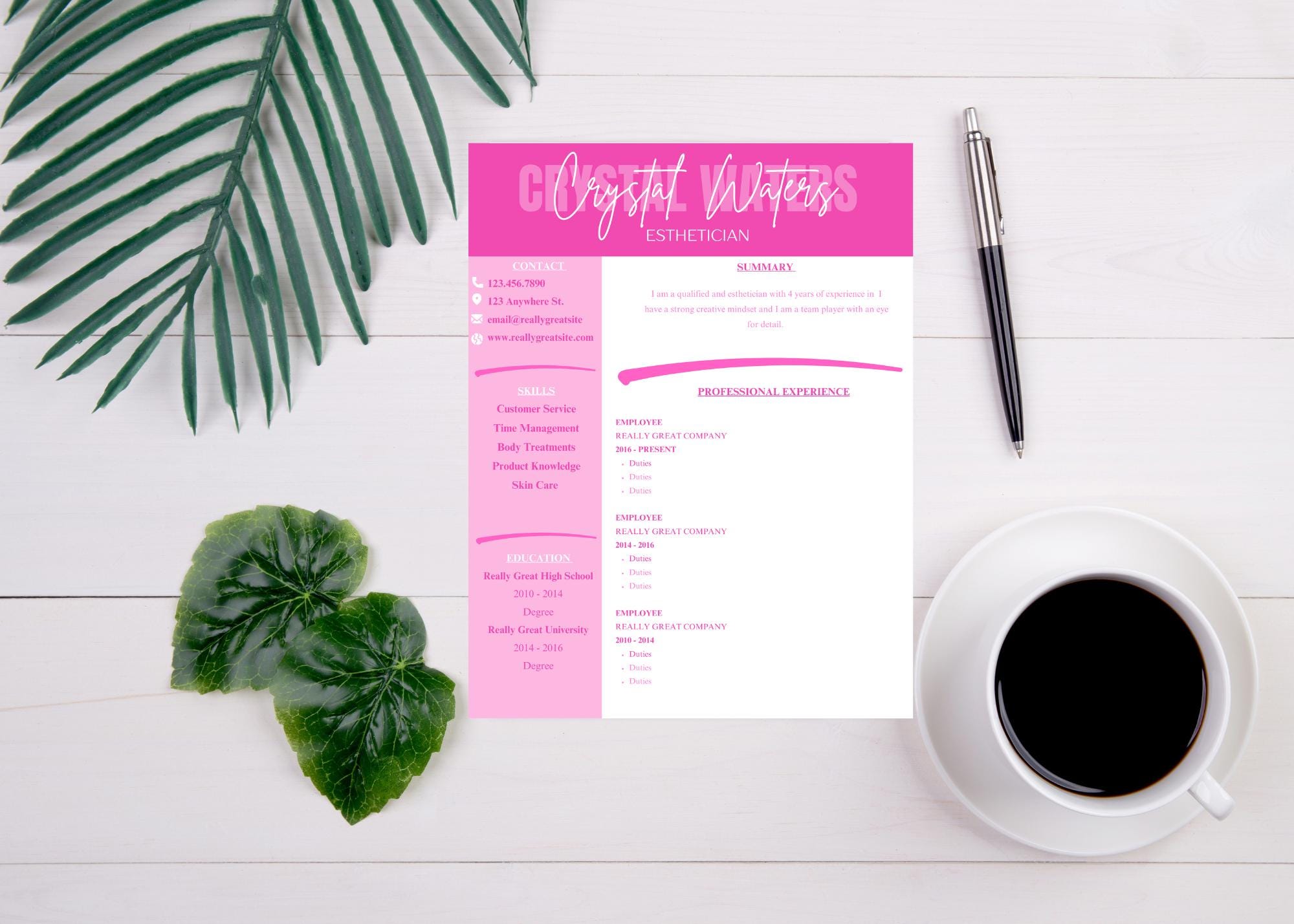 Pink Resume Template Canva 1 Page |pink Professional Resume Canva ...