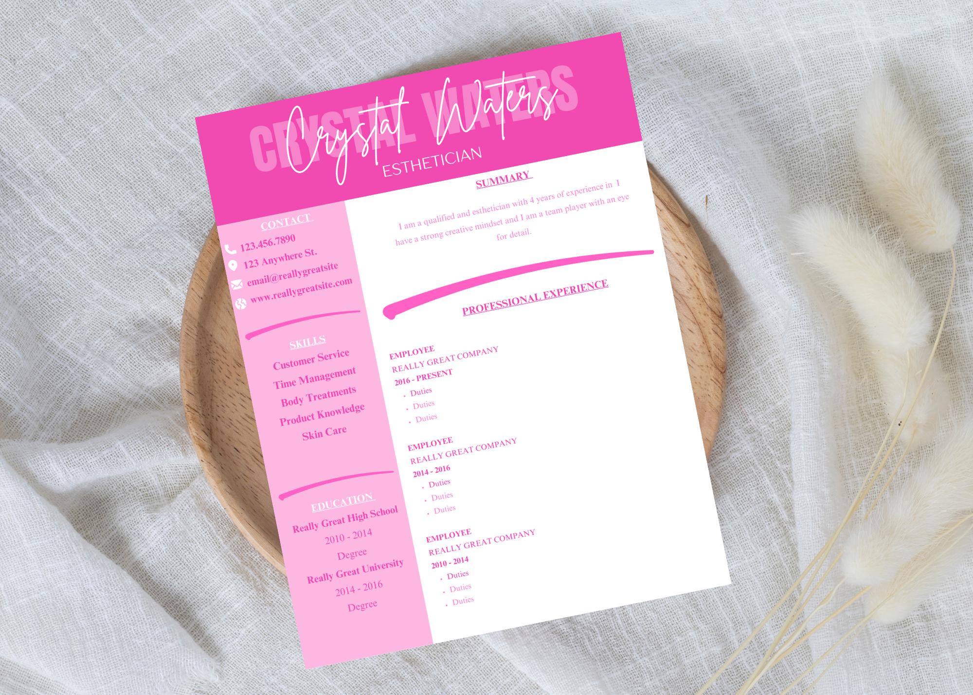 Pink Resume Template Canva 1 Page |pink Professional Resume Canva ...