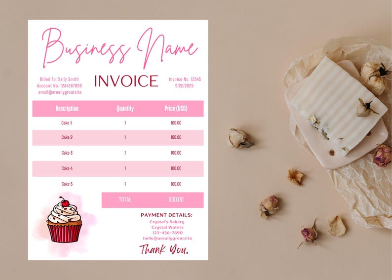 Bakery Invoice Template for Small Business, Cupcake Baking Invoice ...