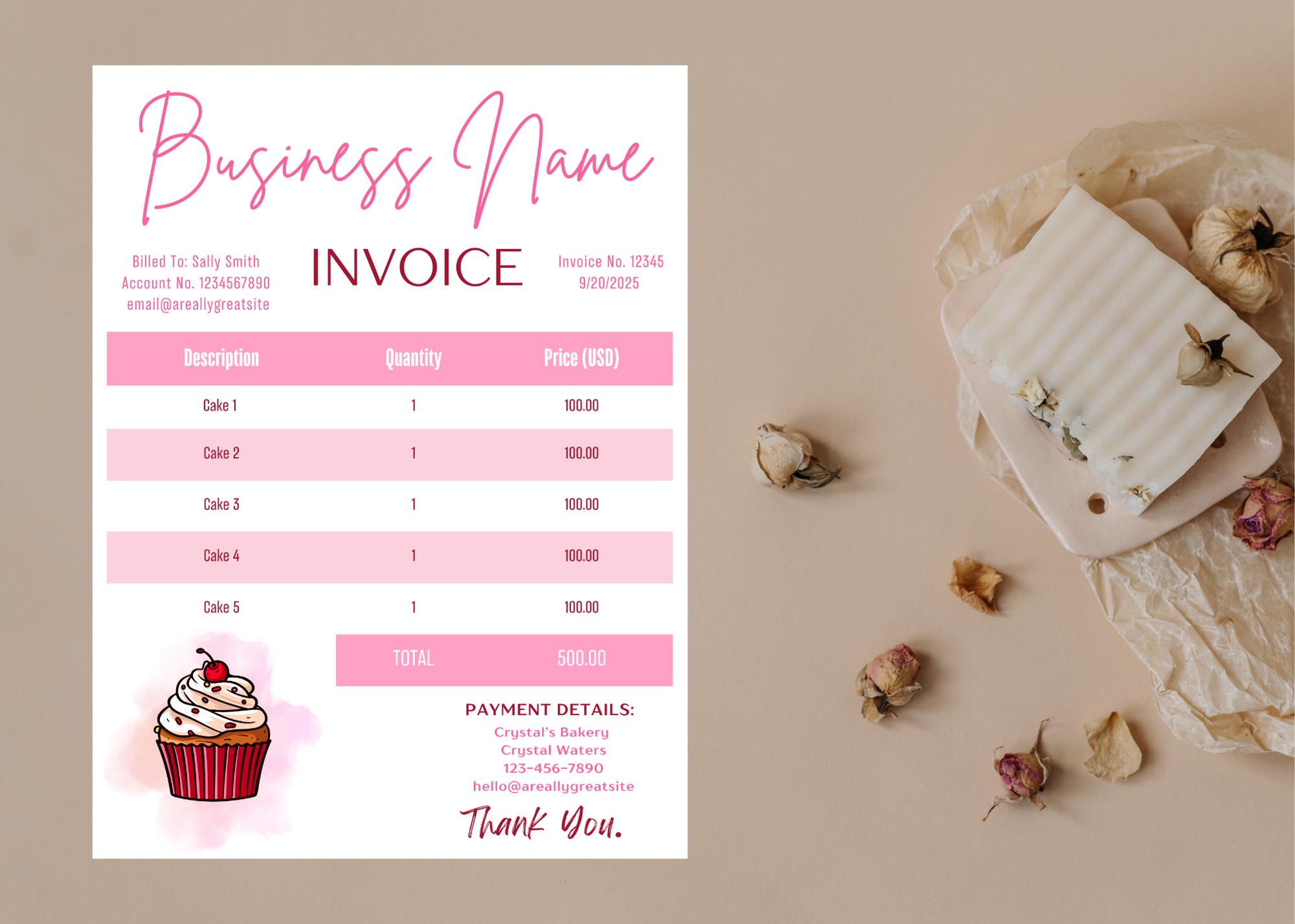 Bakery Invoice Template for Small Business, Cupcake Baking Invoice ...