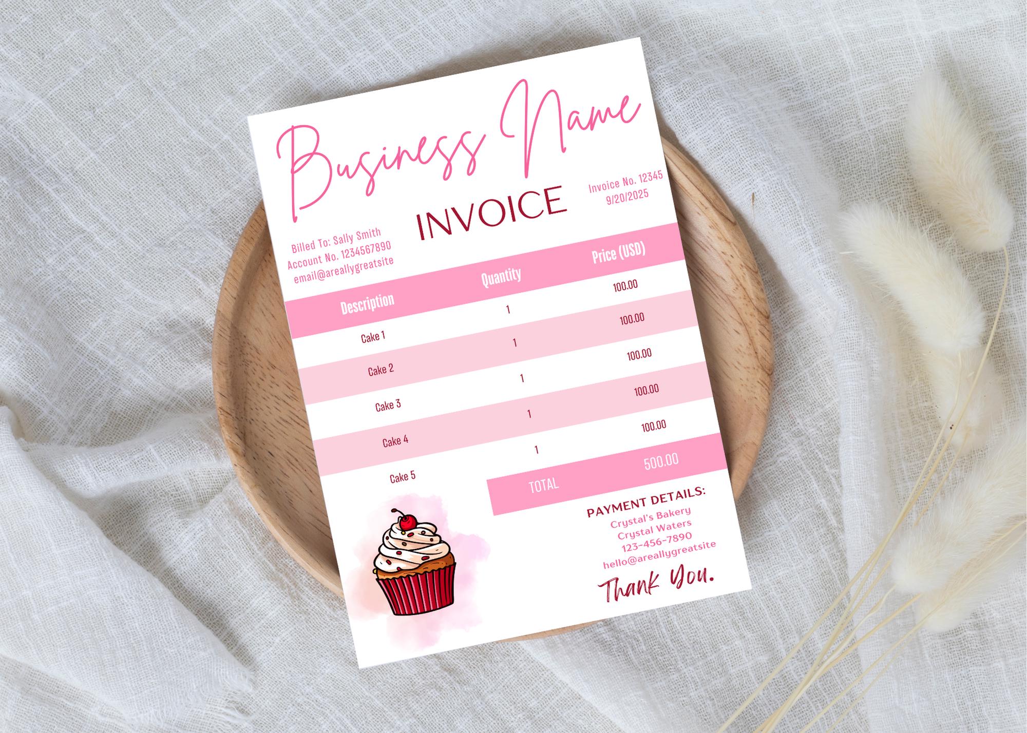 Bakery Invoice Template for Small Business, Cupcake Baking Invoice ...