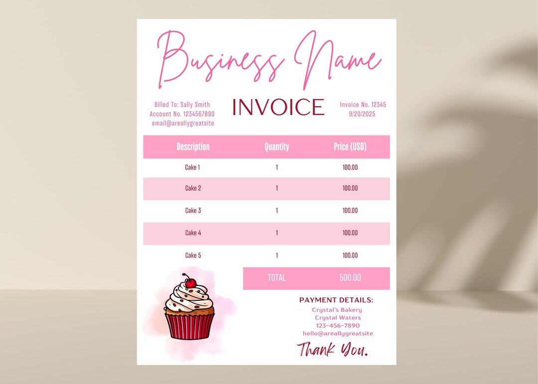 Bakery Invoice Template for Small Business, Cupcake Baking Invoice ...