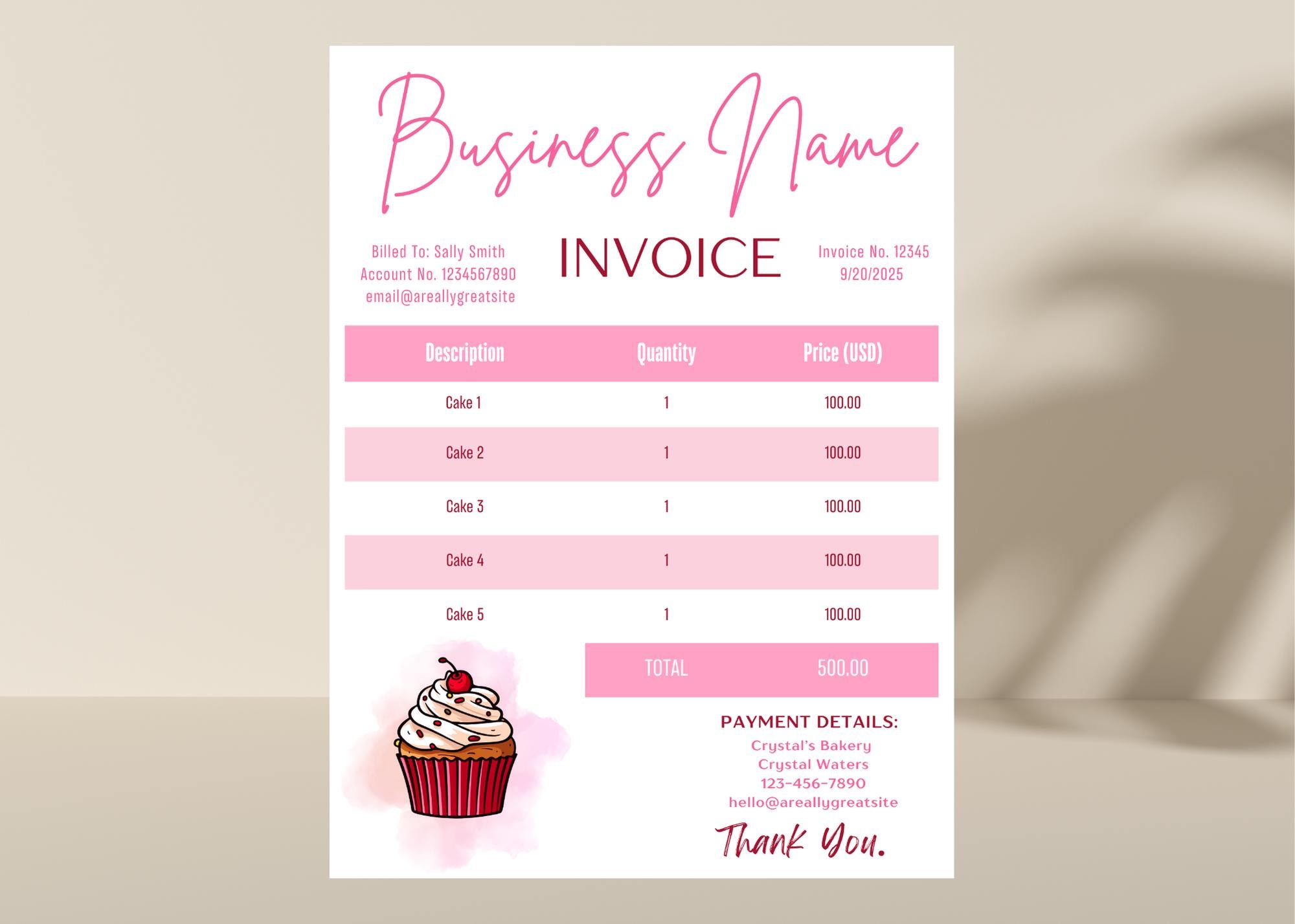 Bakery Invoice Template for Small Business, Cupcake Baking Invoice ...
