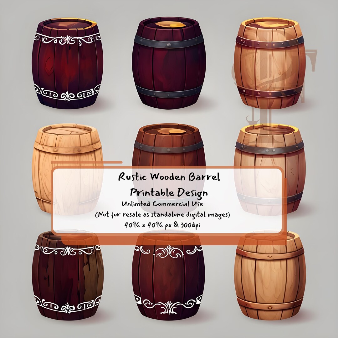 Rustic Wooden Barrel Printable Design, Vintage Barrel Illustrations for ...