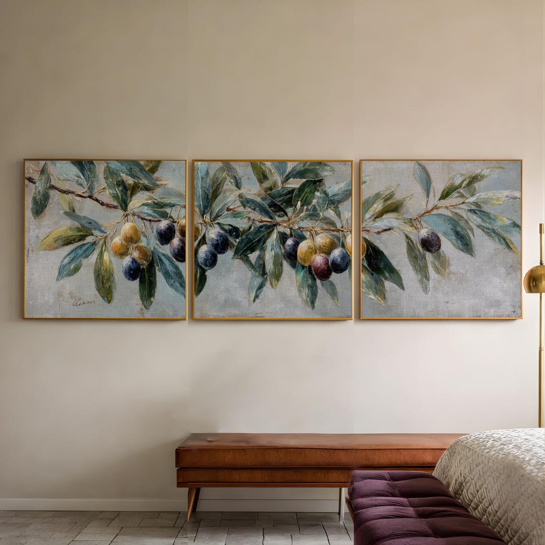Set of 3 Square Panels, Olive Branch and Leaves Botanical Painting ...