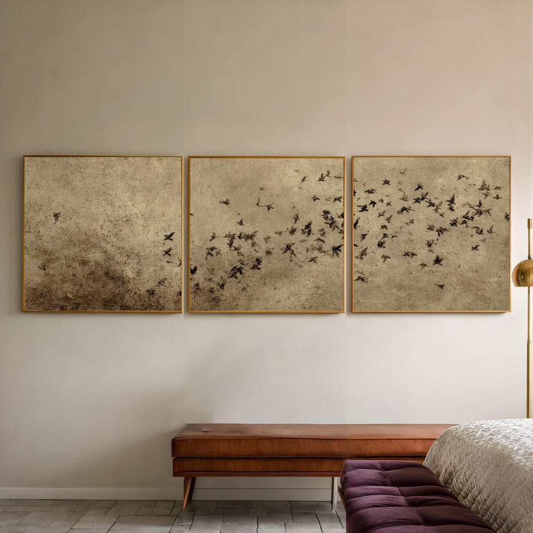 Set of 3 Panels, Minimal Birds in Flight Triptych, Soft Earth Tones and ...