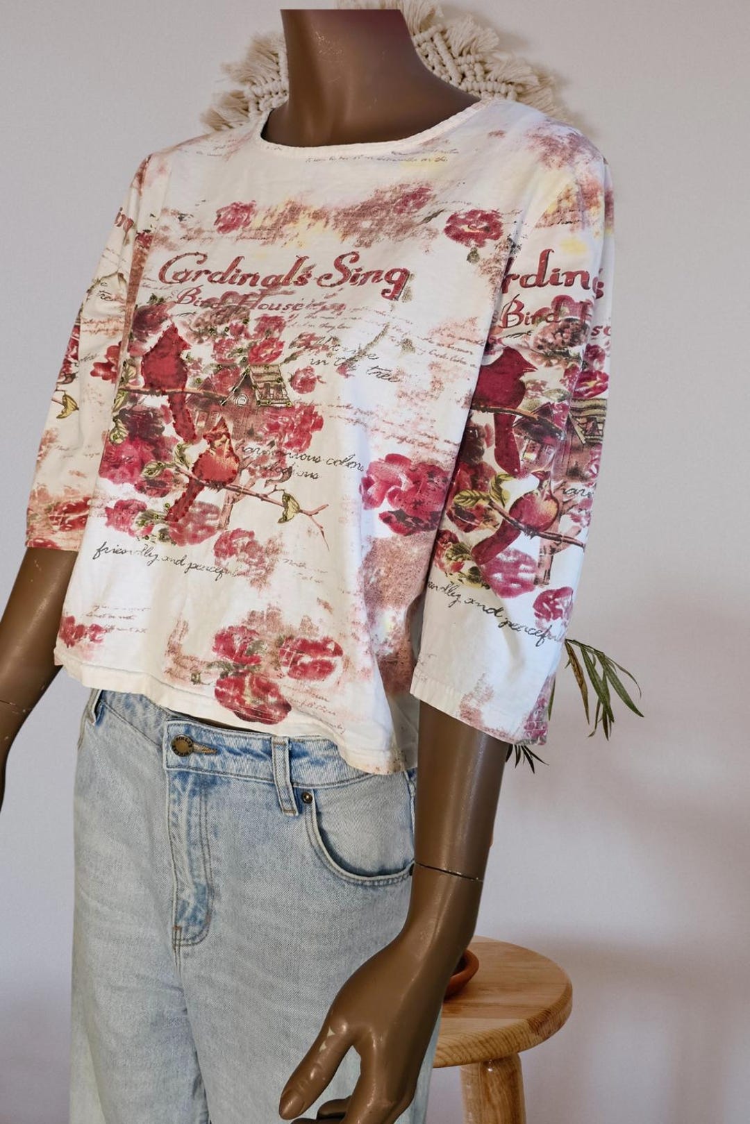 Y2k Early 2000s Pastel Graphic Print Cardinals Bird Bedazzled Top Size ...