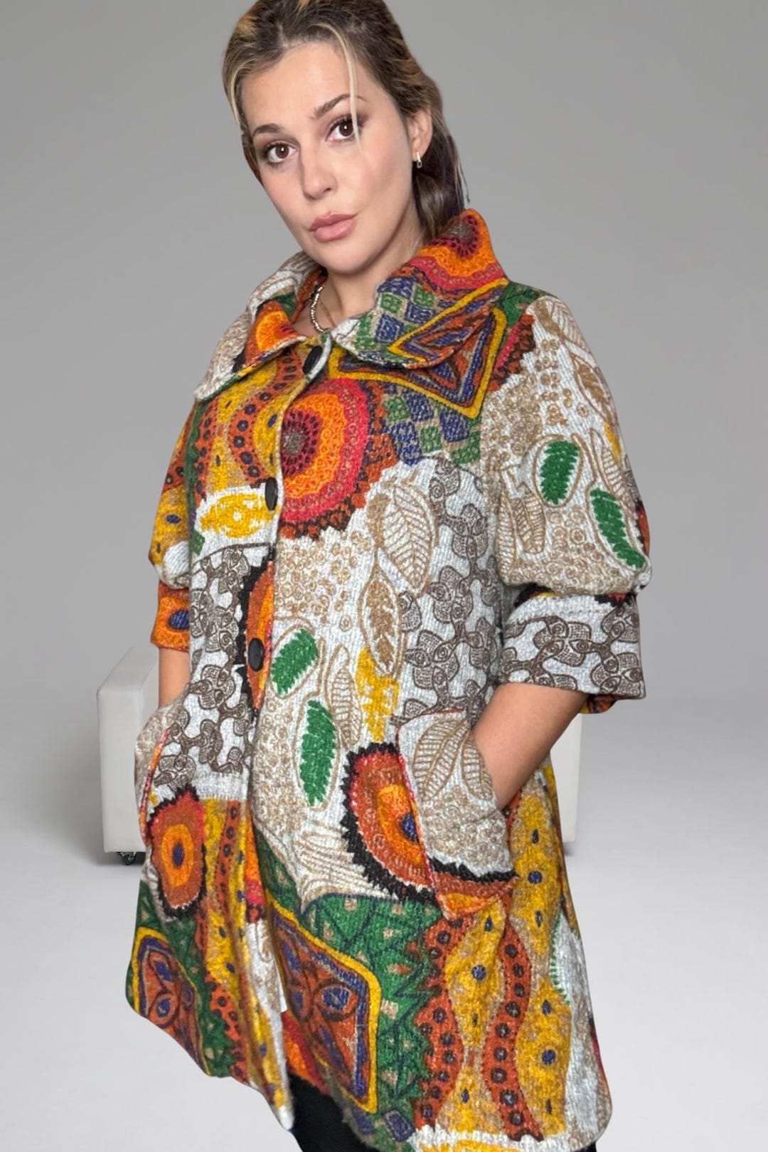 Vintage Multicolour Patterned Wool Coat - Mini Dress With Collar Funky ...