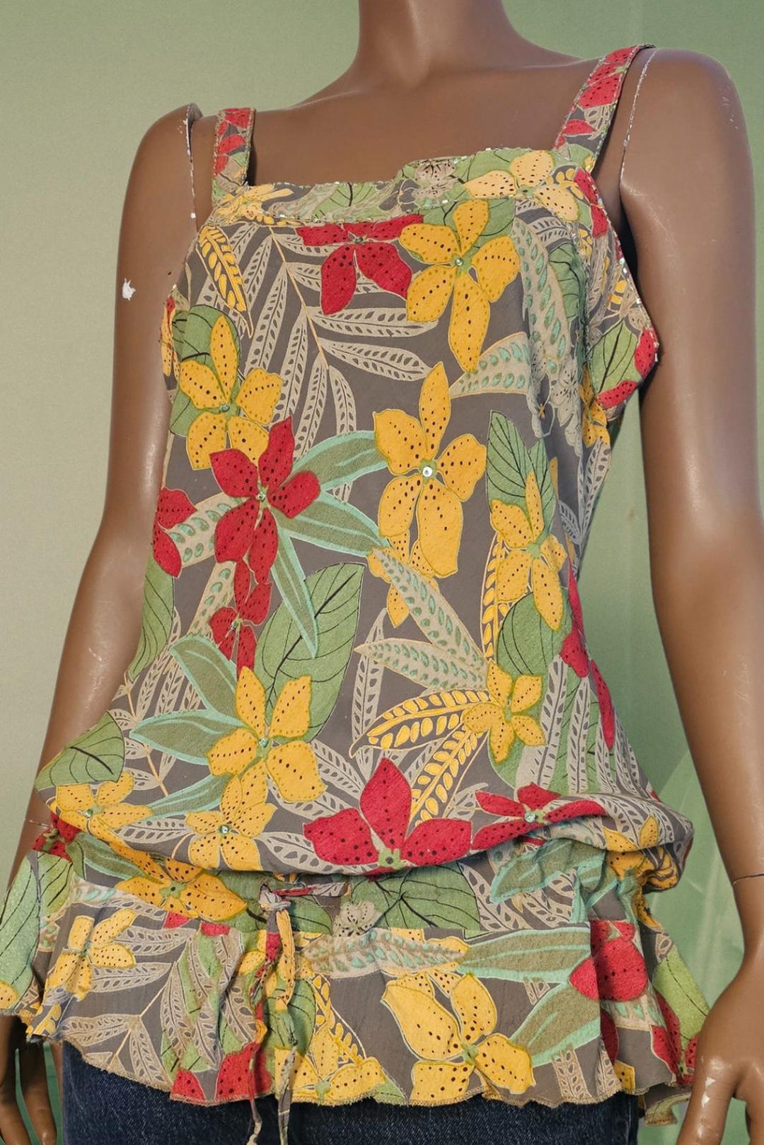 Vintage Reitmans Tropical Summer Blouse With Beeding Muted Bright Size ...