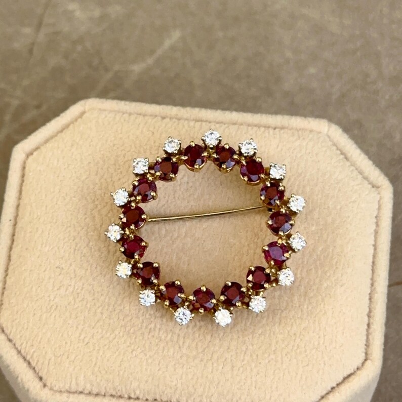 18K Yellow Gold Ruby Diamond Circle Pin Brooch Vintage - Etsy