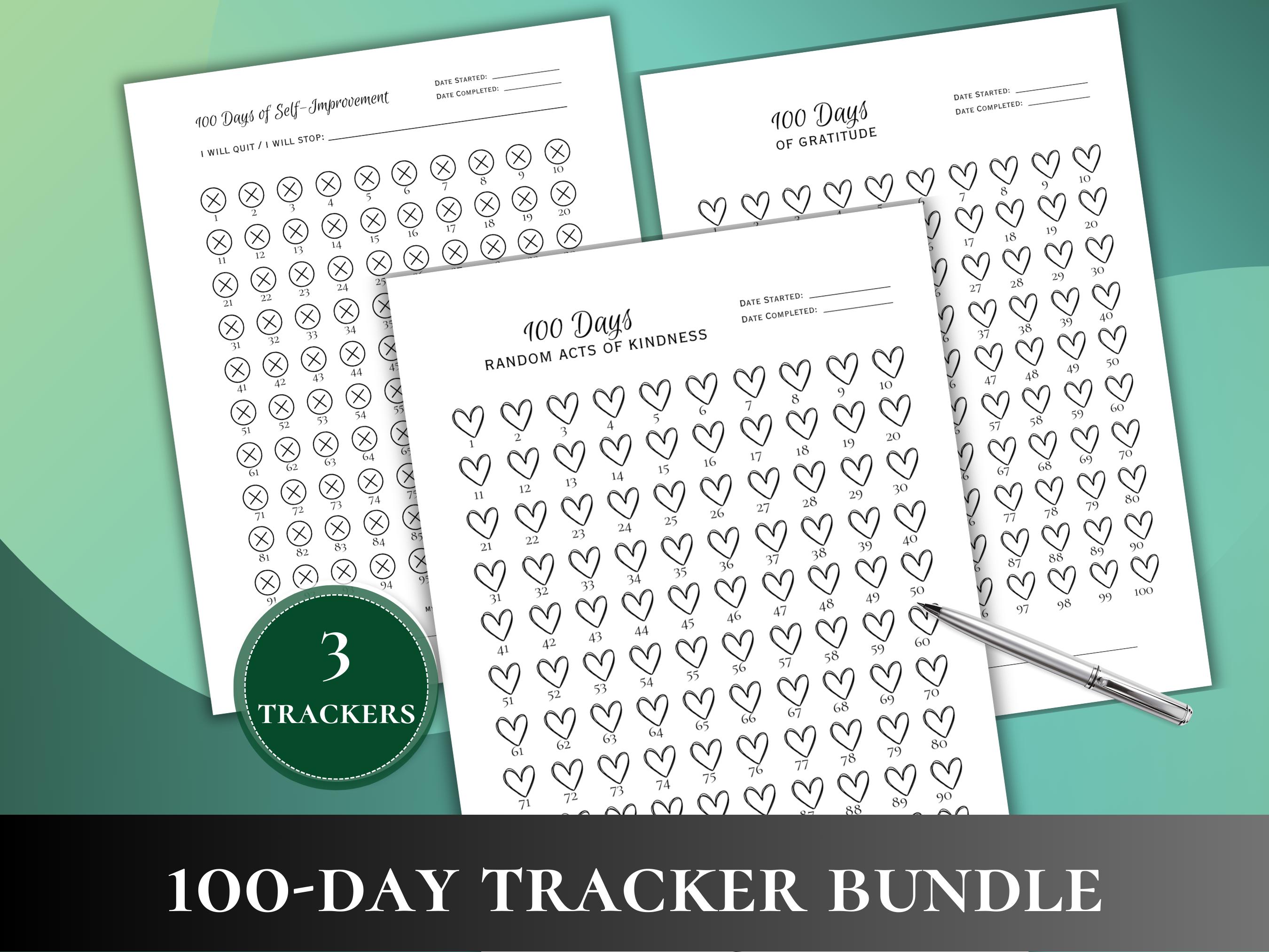 100 Day Printable Tracker BUNDLE, Random Acts of Kindness, Gratitude ...