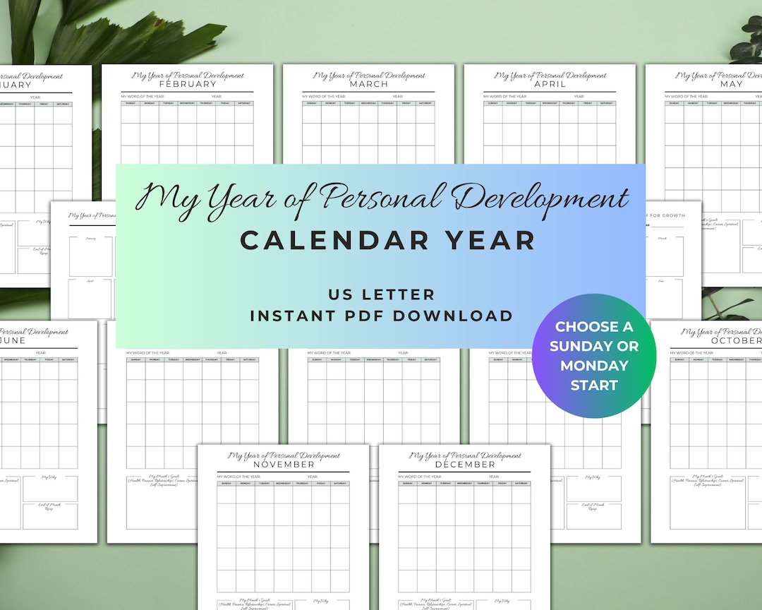 Personal Growth Calendar Year, Printable Monthly Calendar, Personal ...