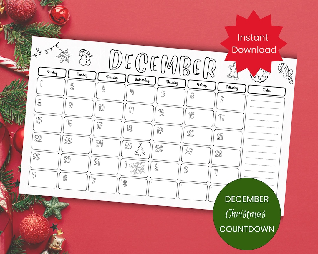 Christmas Countdown, Printable Christmas Coloring Calendar, Advent ...